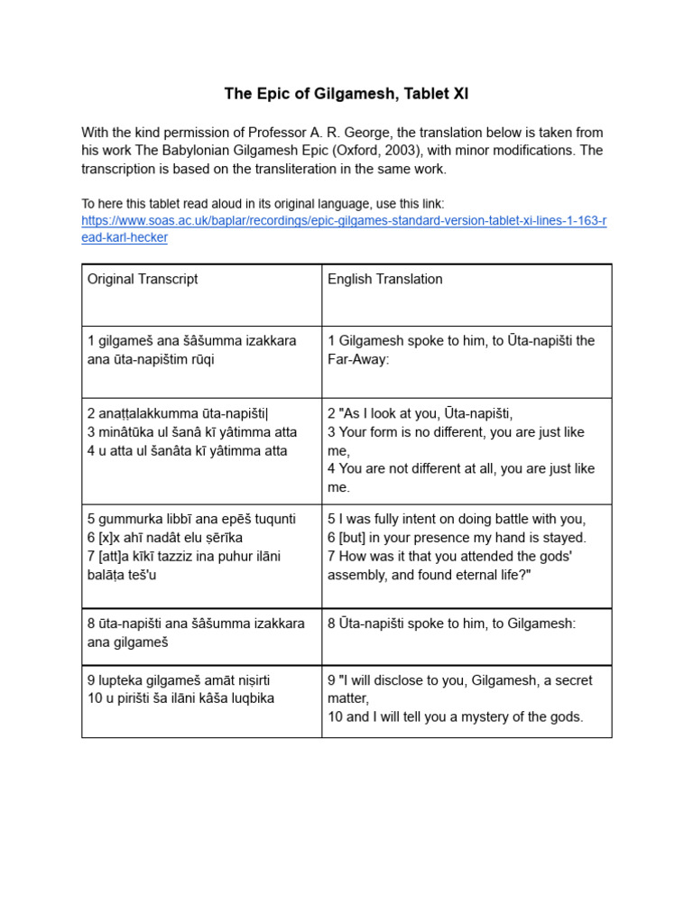 Epic of Gilgamesh Tablet XI | PDF