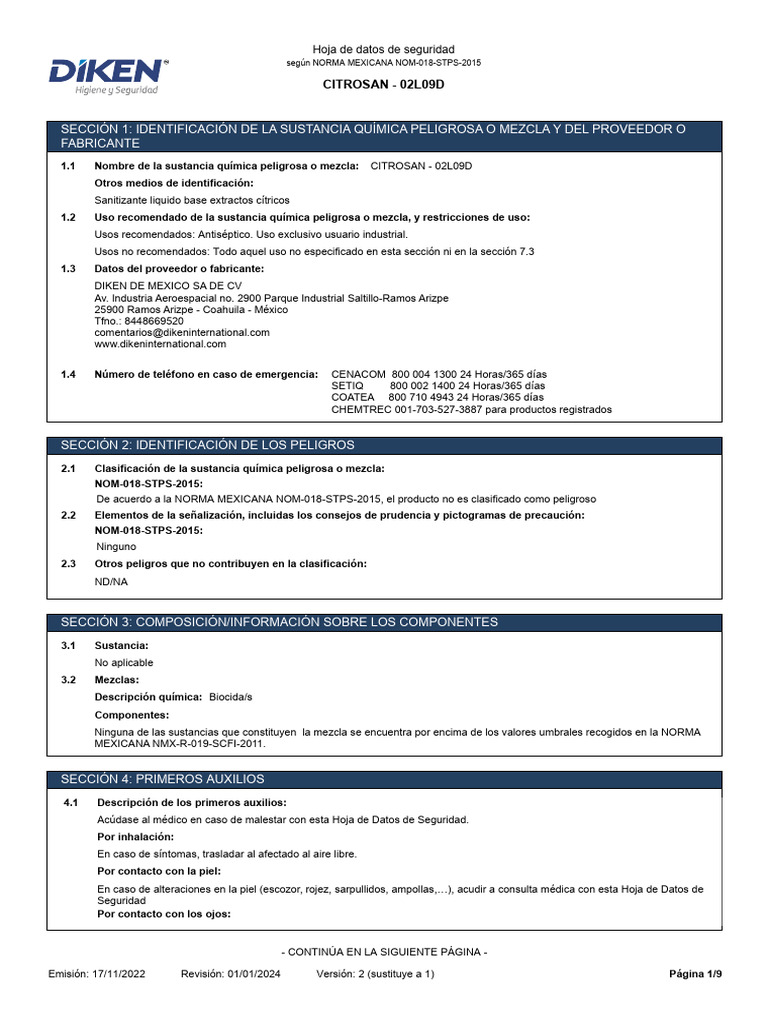 4.CITROSAN Hoja de Seguridad | PDF
