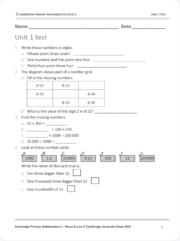 CAMBRIDGE PRIMARY MATHEMATICS STAGE 5 Unit 1 Test | PDF