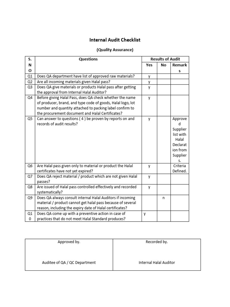 Internal Audit Checklist Halal Quality Assurance-1 | PDF