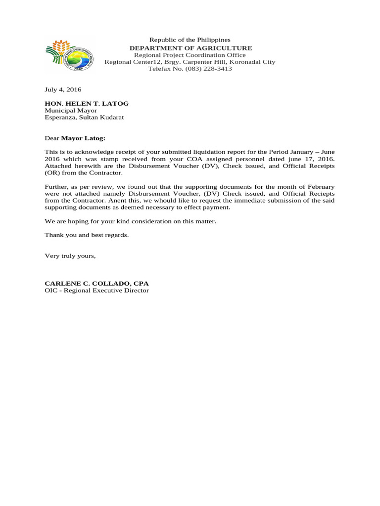 Letter For LGU Esperanza Sultan Kudarat Regarding Liquidation Report ...