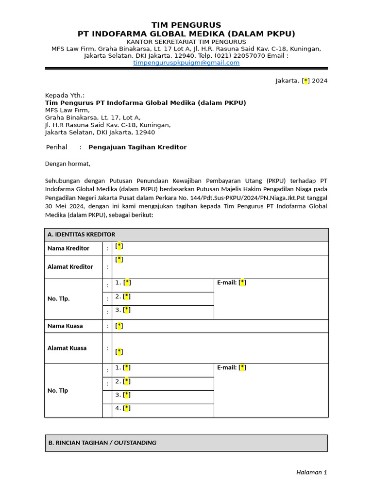 a. Form Pengajuan Tagihan Kreditor (1) | PDF