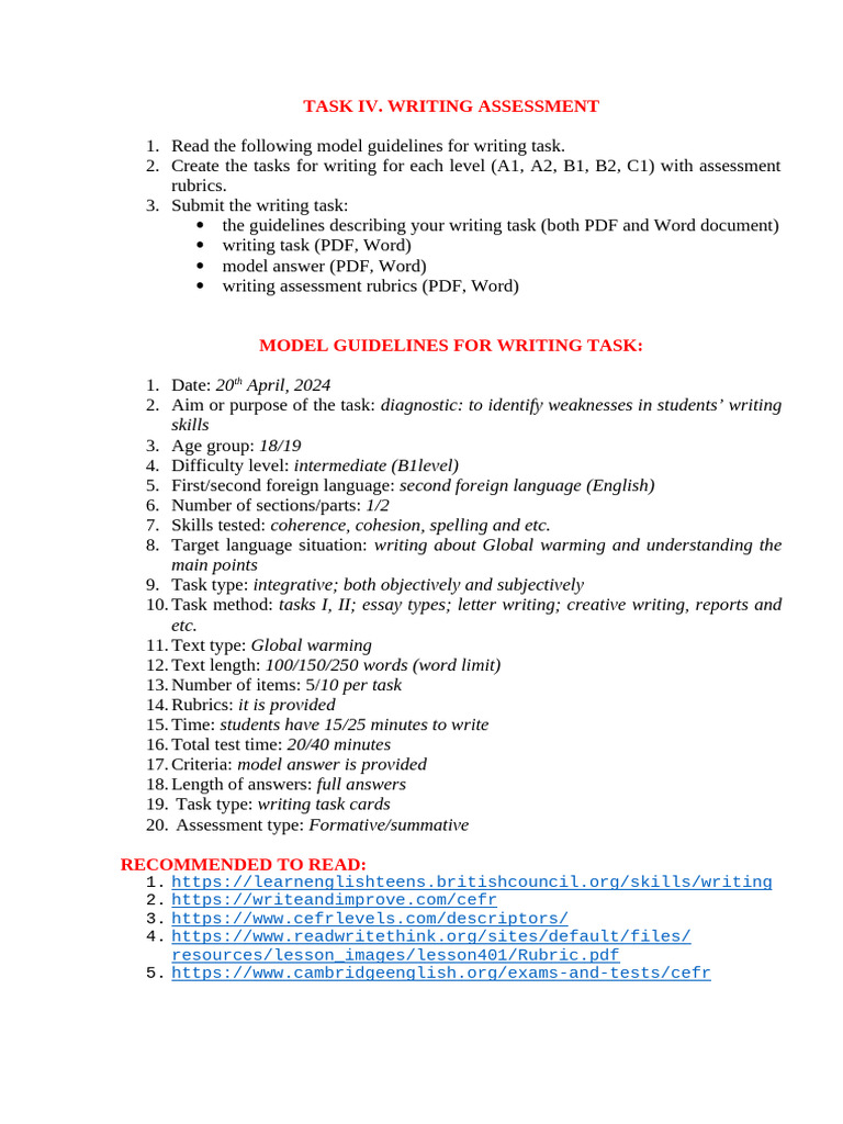 Task IV. Writing Assessment | PDF
