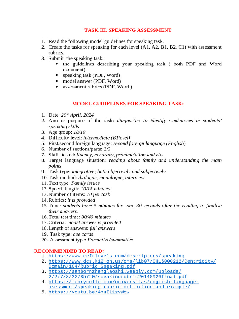 Task III. Speaking Assessment | PDF