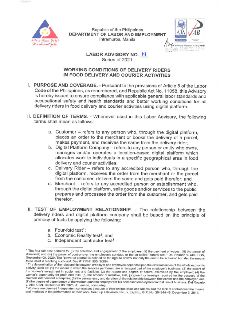 Labor Advisory No. 14 21 Working Conditions of Delivery Riders in Food ...