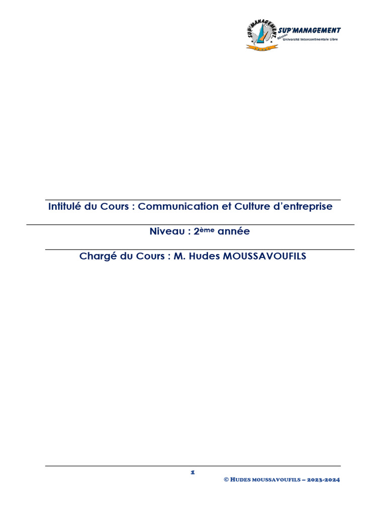 Cours Communication & Culture D'entreprise - 2023-2024 - 240313 - 101609 | PDF