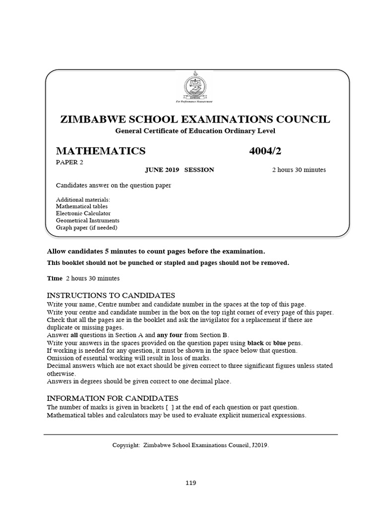 Zimsec O Level Mathematics June 2019 Past Exam Paper 2 | PDF