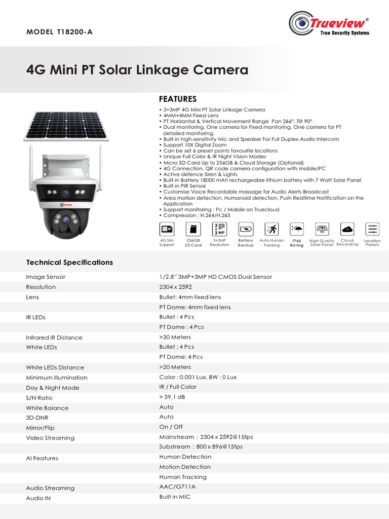 4G Mini PT Solar Linkage Camera Datasheet T18200 | PDF | Camera | Infrared