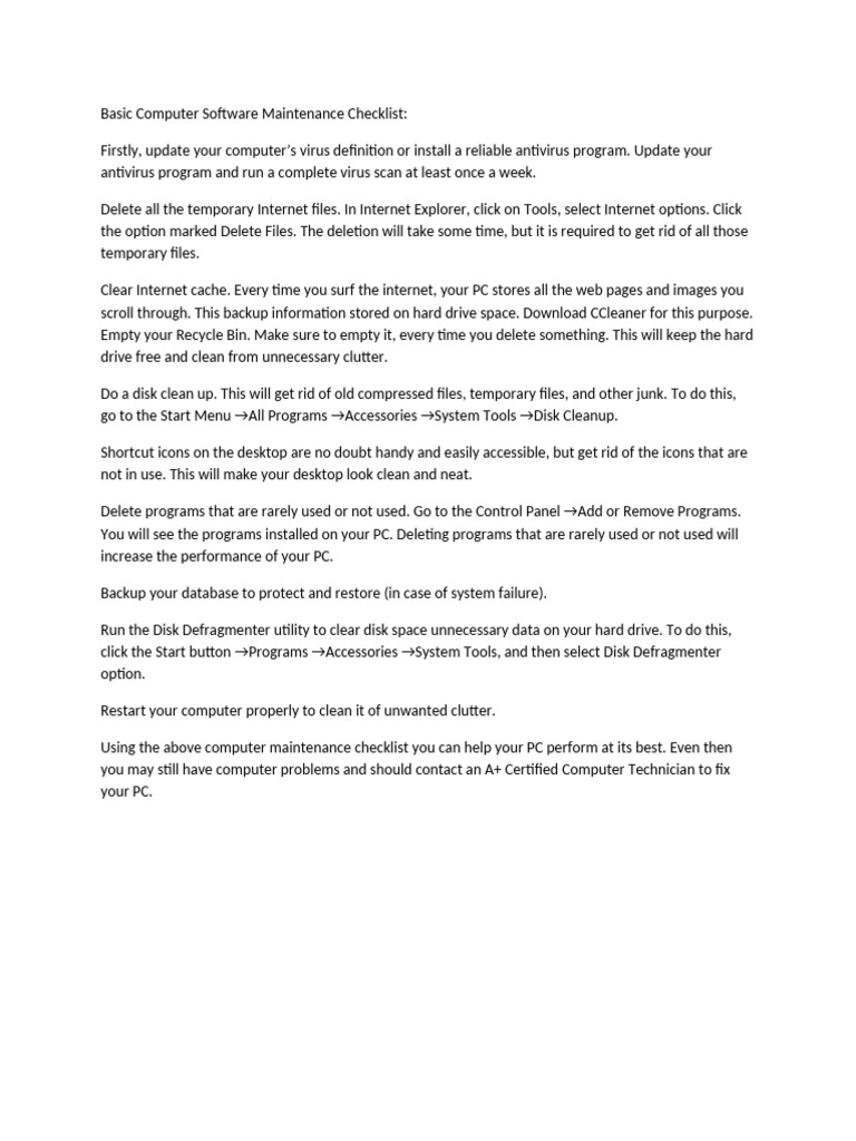 Basic Computer Software Maintenance Checklist | PDF