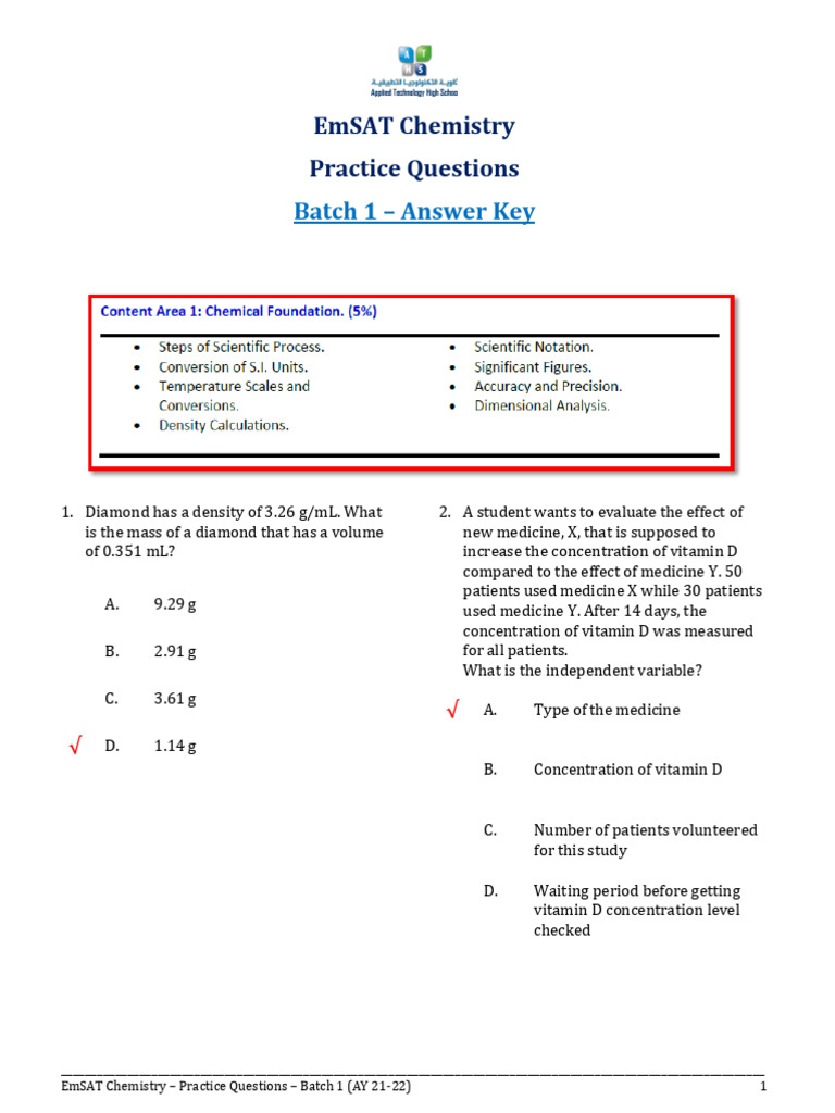 EmSAT Chemistry Practice Questions Batch 1 | PDF | Chemical Reactions ...