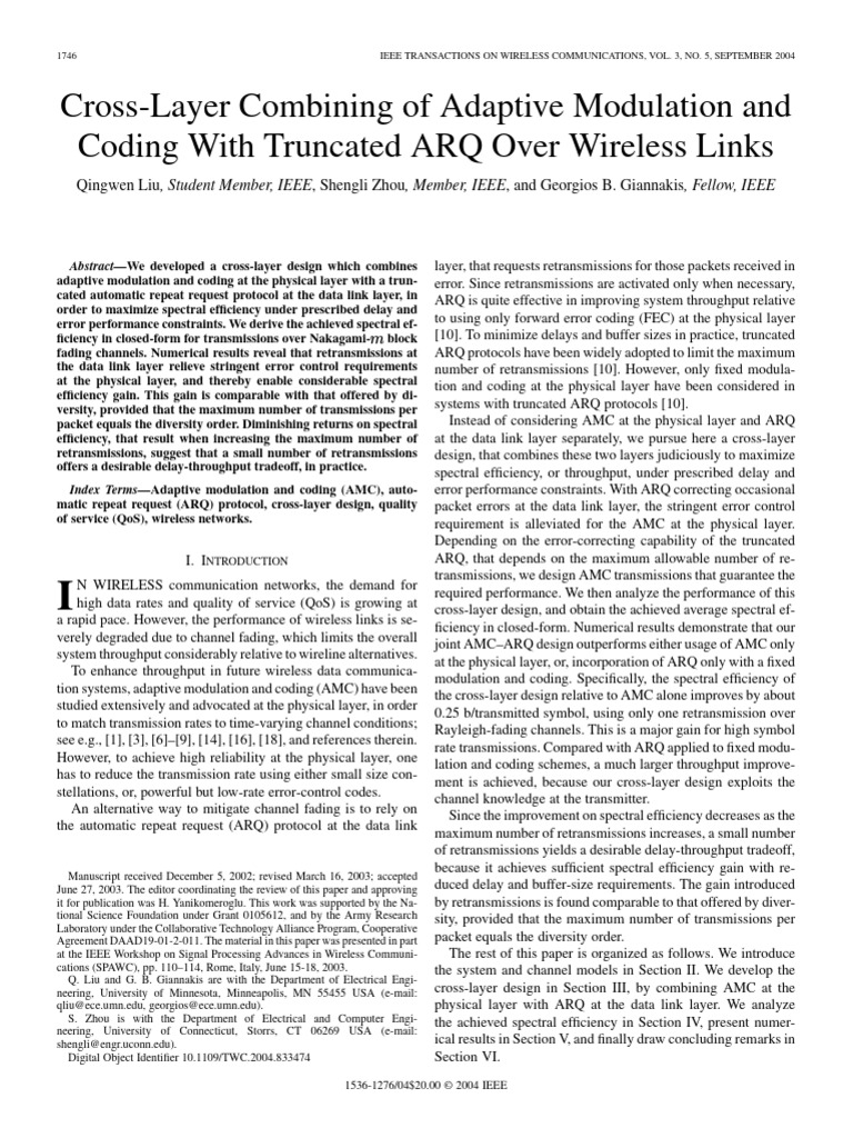 Cross Layer Combining Of Adaptive Modulation And Coding With Truncated Arq Over Wireless Links Pdf