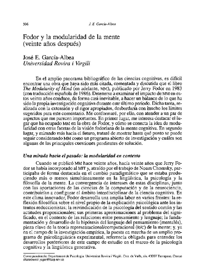 Jerry Fodor y La Modularidad de La Mente | PDF | Mente | Sicología