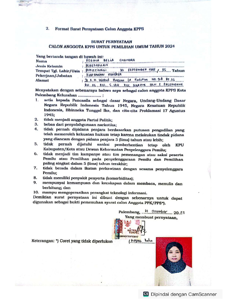 Surat Pernyataan Calon Anggota KPPs | PDF