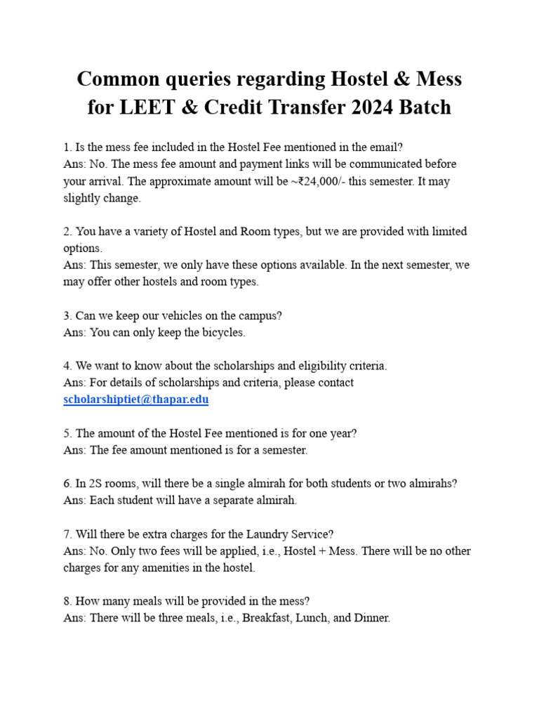 Common Queries Regarding Hostel & Mess For LEET & Credit Transfer 2024 Batch | PDF