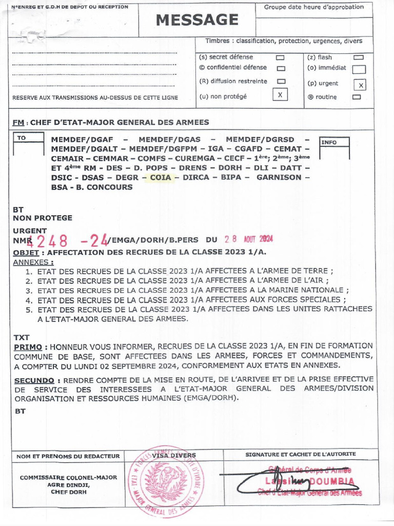 To N°4248-24 Affectation Des Recrues de La Classe 2023 | PDF