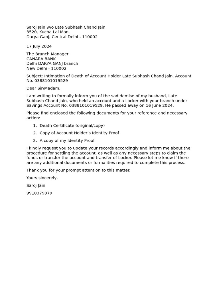 Canara Bank Intimation Letter | PDF