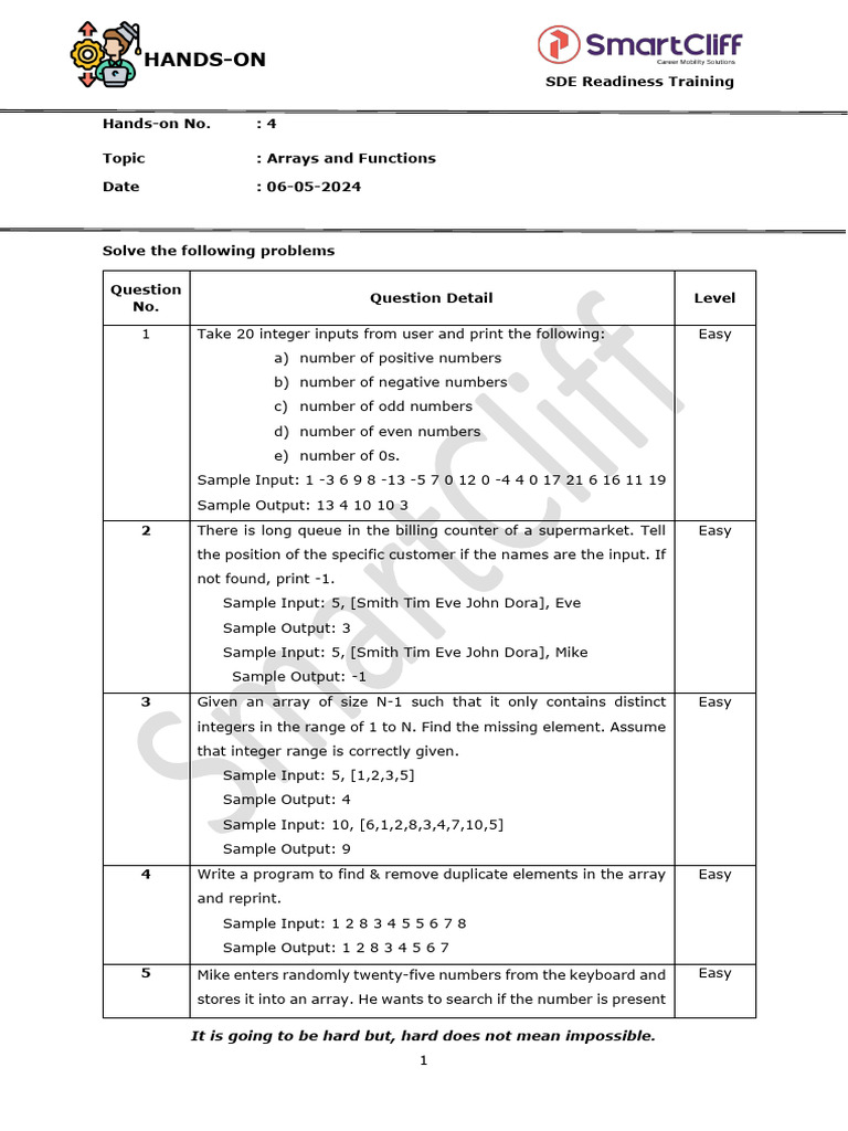 Hands-On - Arrays and Functions - Questions | PDF