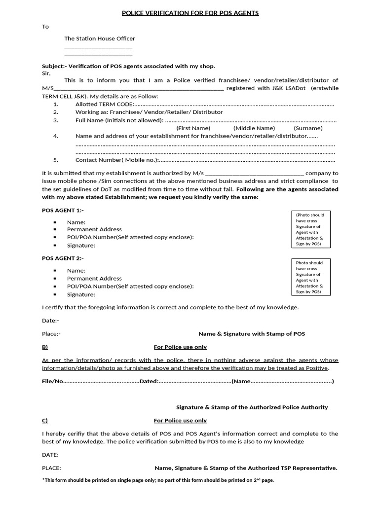 Police Verification For For Pos Agents | PDF