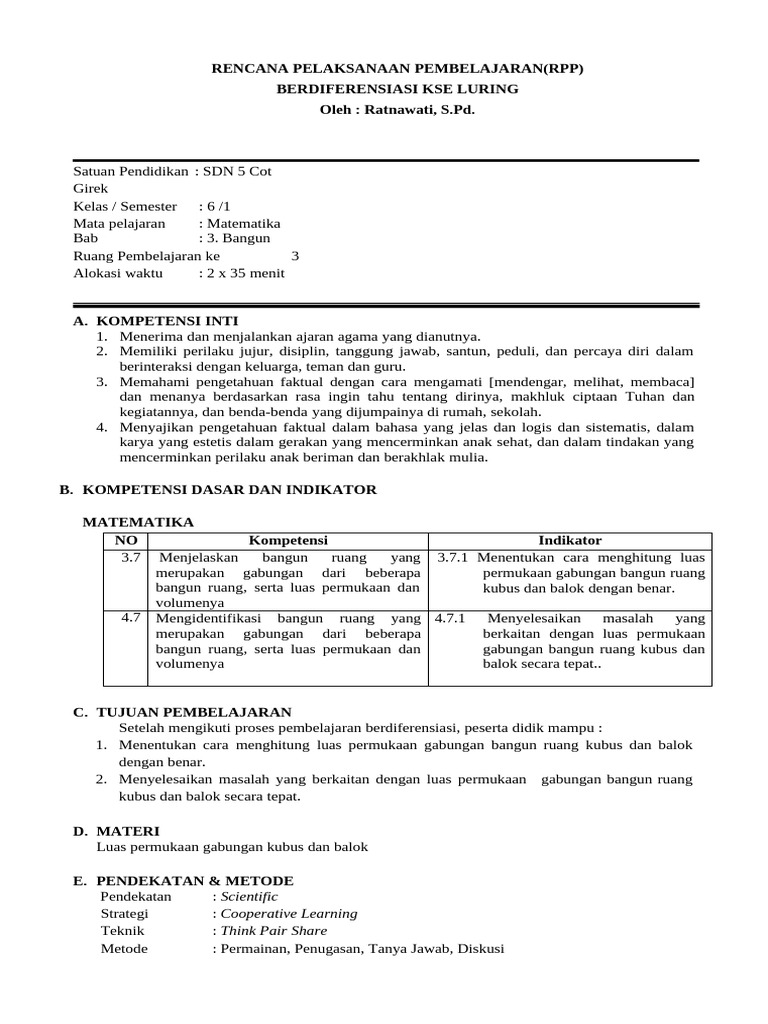 Rencana Pelaksanaan Pembelajaran (RPP) Berdiferensiasi Kse Luring Oleh ...