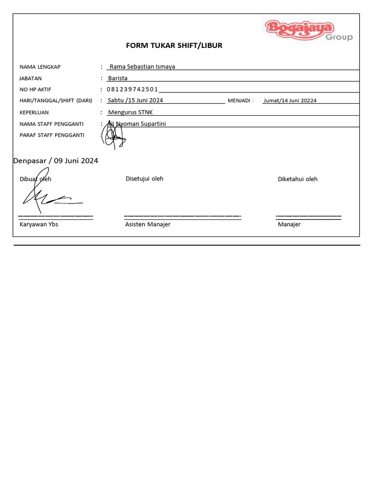 Form Tukar Shift Off Rama | PDF