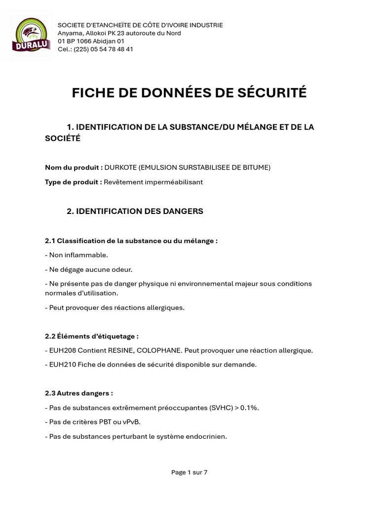 Durkote Fiche de Données de Sécurité | PDF