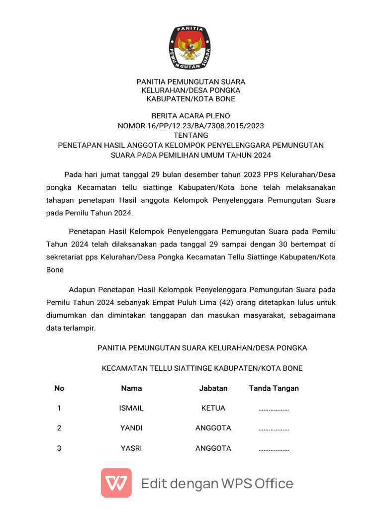 Berita Acara Pps Penetapan Hasil Kpps | PDF