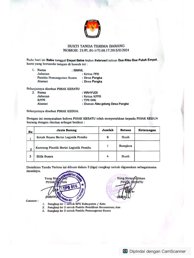 BUKTI TANDA TERIMA BARANG PPS KE KPPS . TPS 001 SAMPAI TPS 006 | PDF
