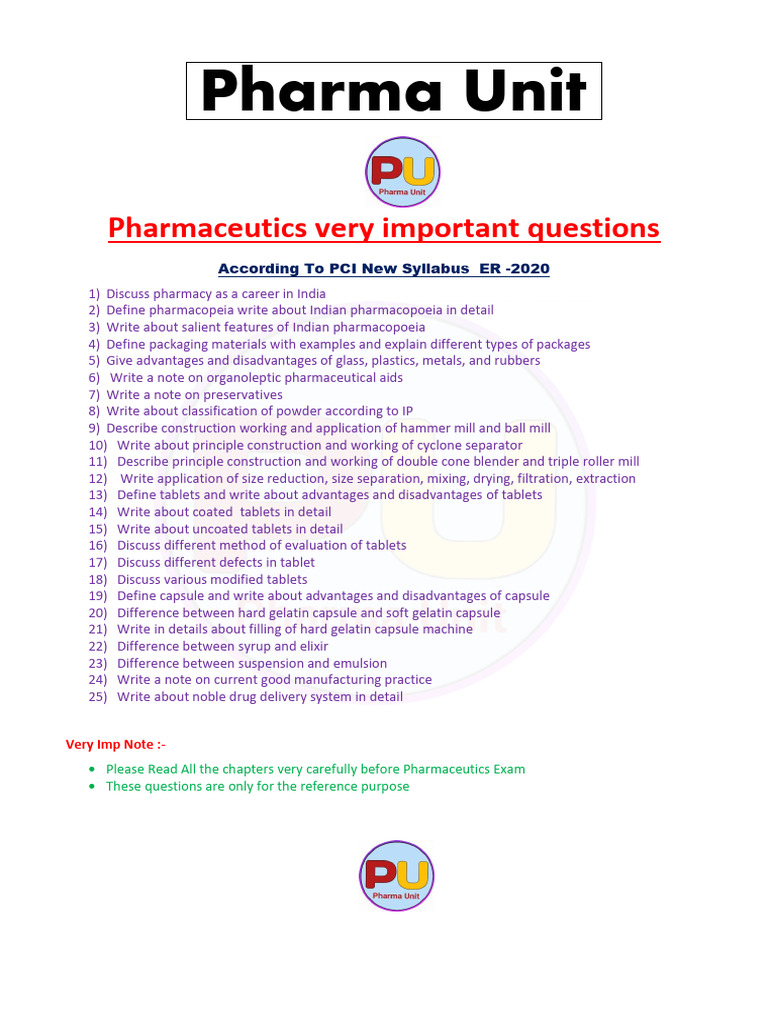 Pharmaceutics Important Question | PDF