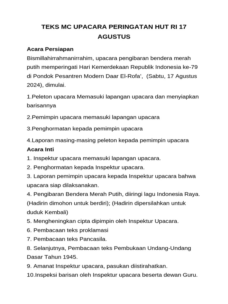TEKS MC UPACARA PERINGATAN HUT RI 17 AGUSTUS - Docx Gaul | PDF
