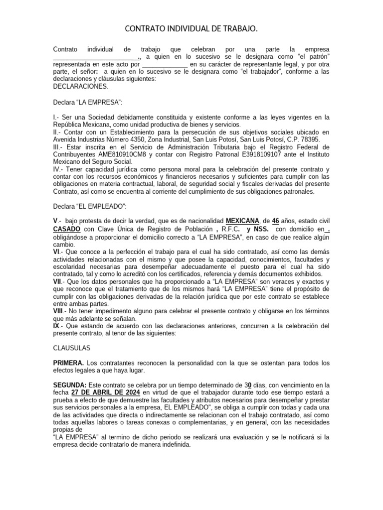 Contrato Individual de Trabajo | PDF | Salario | Business