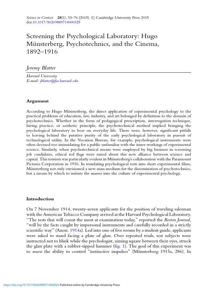 Screening The Psychological Laboratory Hugo Munsterberg Psychotechnics ...
