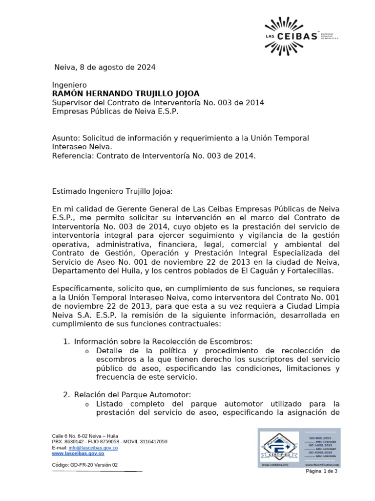 Solicitud de Información y Requerimiento A La Unión Temporal Interaseo ...