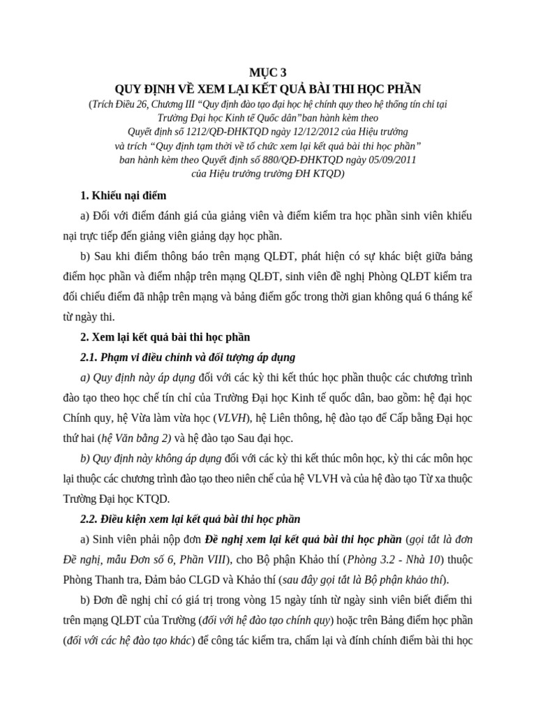 Phan II - Muc3 - Quy Dinh Ve Xem Lai KQ Bai Thi Hoc Phan | PDF