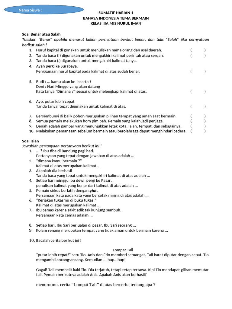 SUMATIF 1 BAHASA INDONESIA | PDF