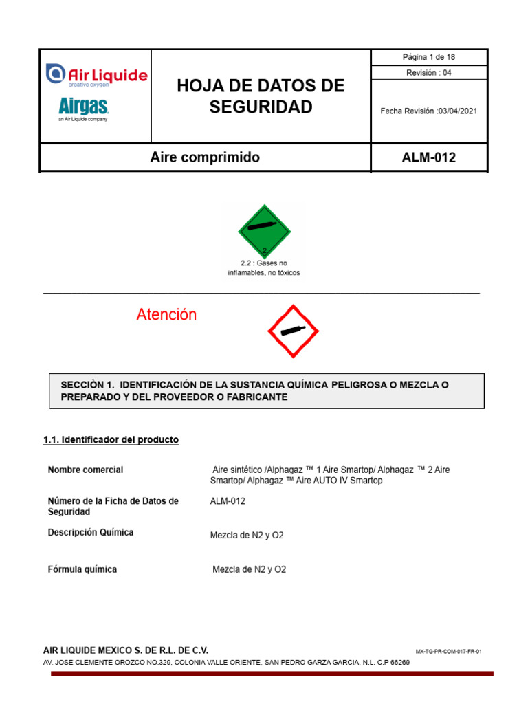 AIRE COMPRIMIDO SDS | PDF