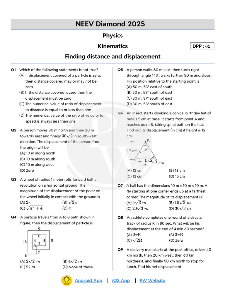 66c496bdea34f2d9cae3a8df - ## - Kinematics - DPP 01 (Of Lec 02) - Neev Diamond 2025 | PDF