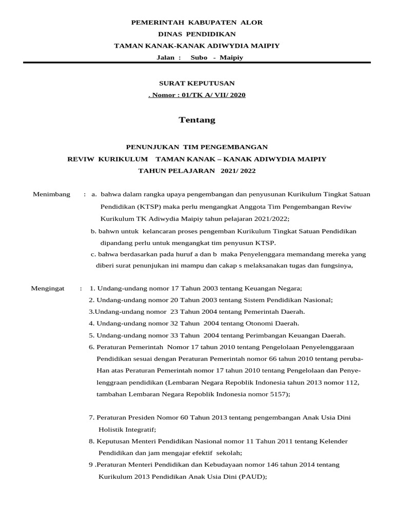 SK Anggota Tim KTSP TK Adiwydiah Maipiy | PDF