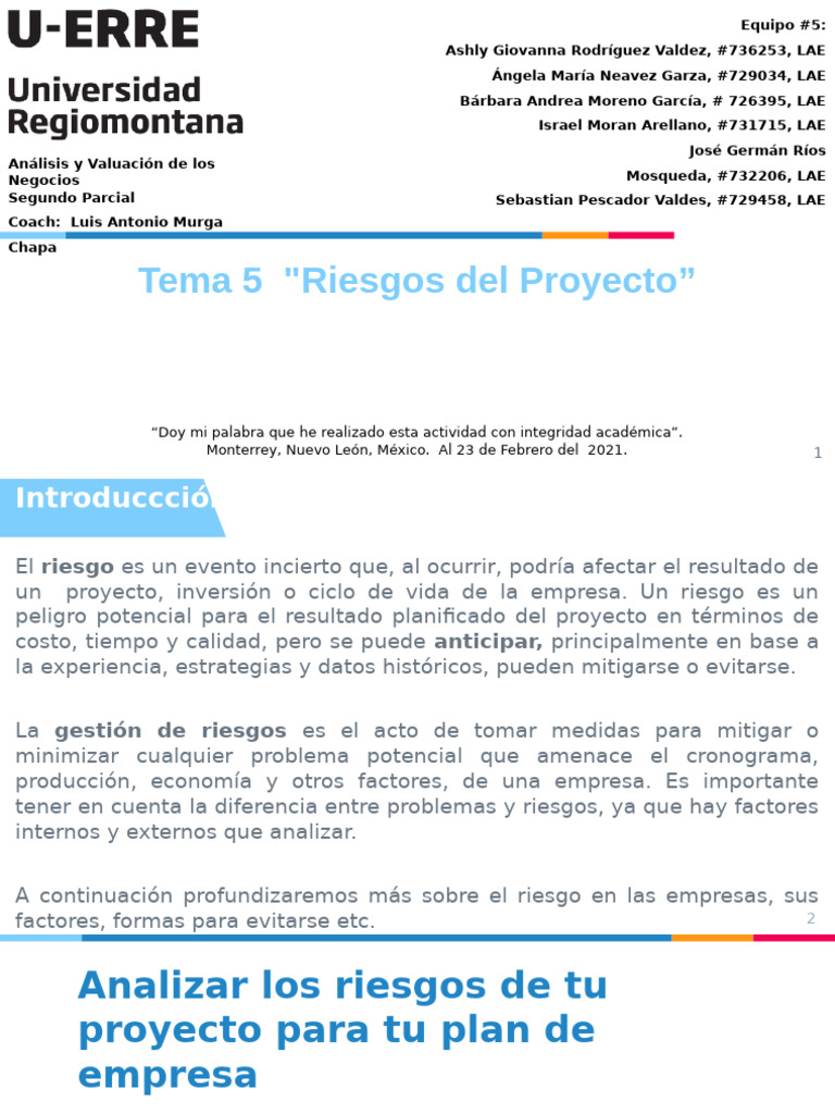Tema 5 Riesgos de Proyecto (Equipo 5) | PDF