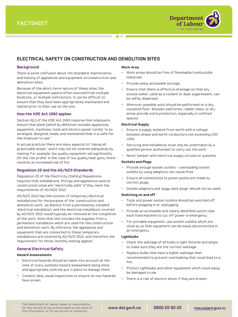 Factsheet Electrical Safety Construction Demolition Sites | PDF