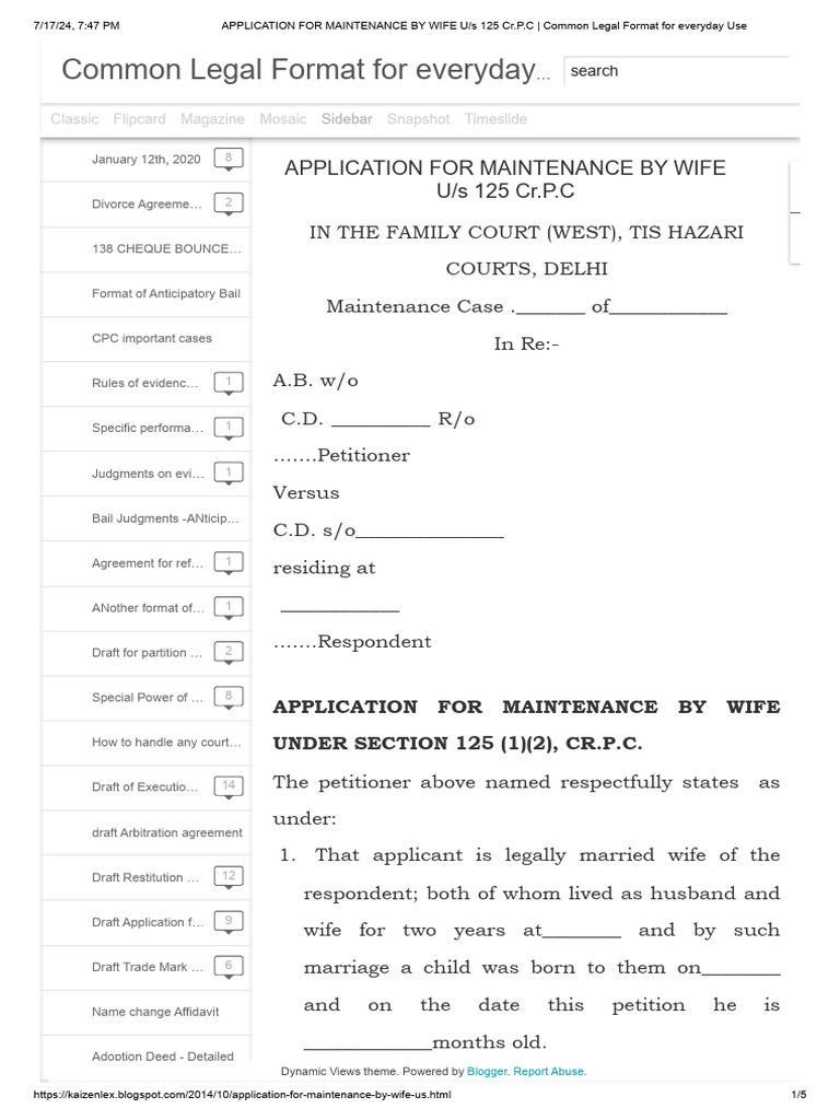 APPLICATION FOR MAINTENANCE BY WIFE U - S 125 CR.P.C - Common Legal ...