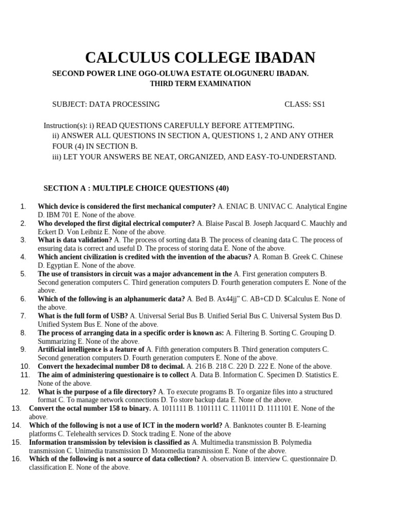 Data Processing Ss1 Examination Pdf