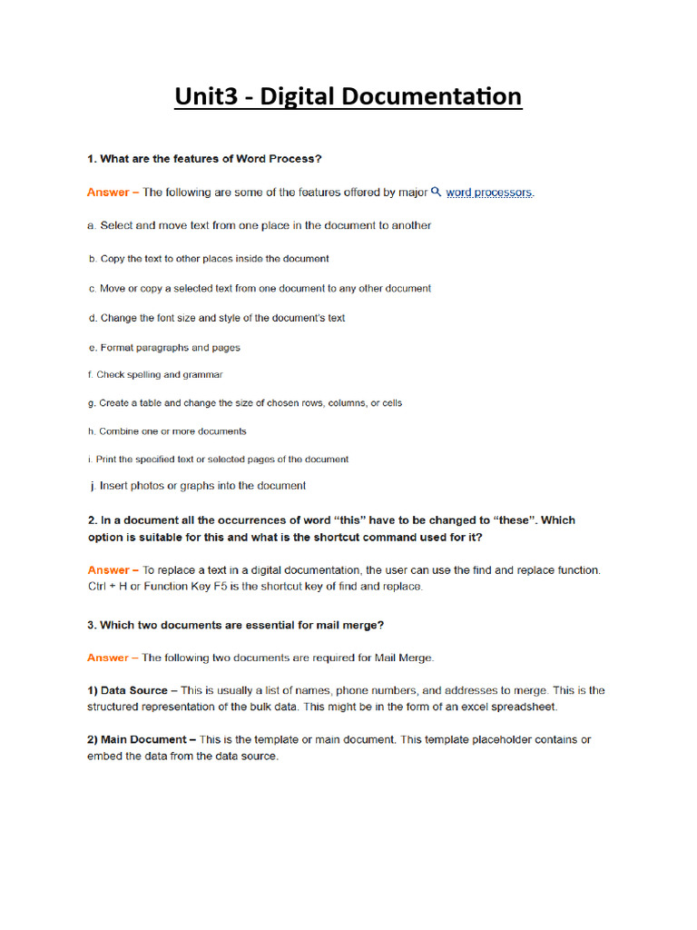 Class 9 Questions Answers Unit 3 Digital Documentation | PDF