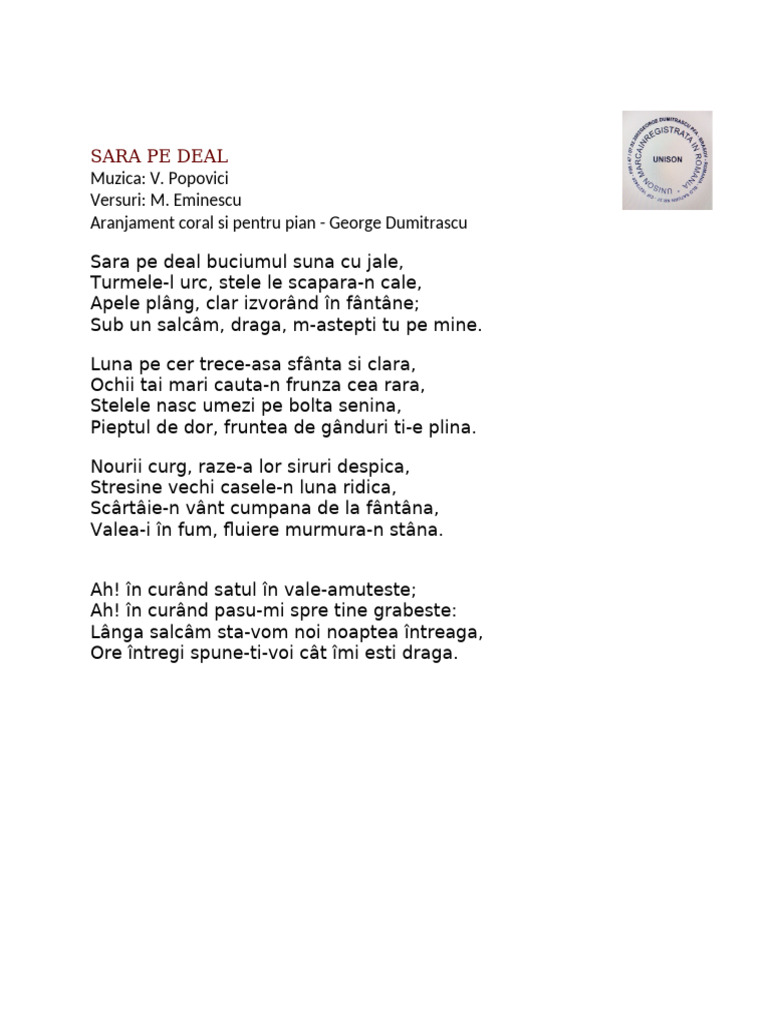 SARA PE DEAL - Versuri | PDF