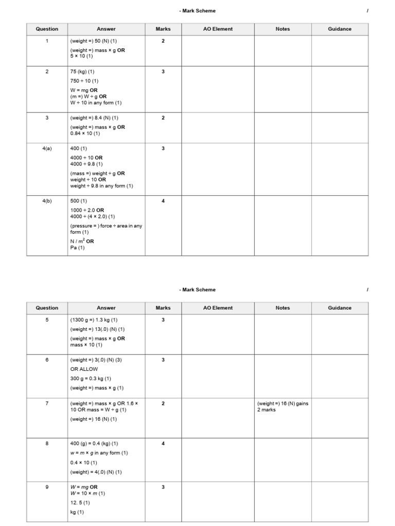 0625 Mass and Weight - P3 - MS1 | PDF