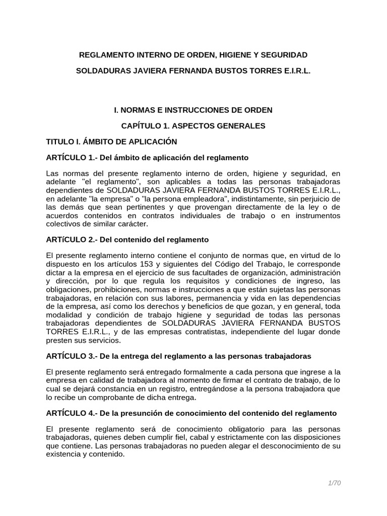 Reglamento Interno de Orden Higiene y Seguridad | PDF