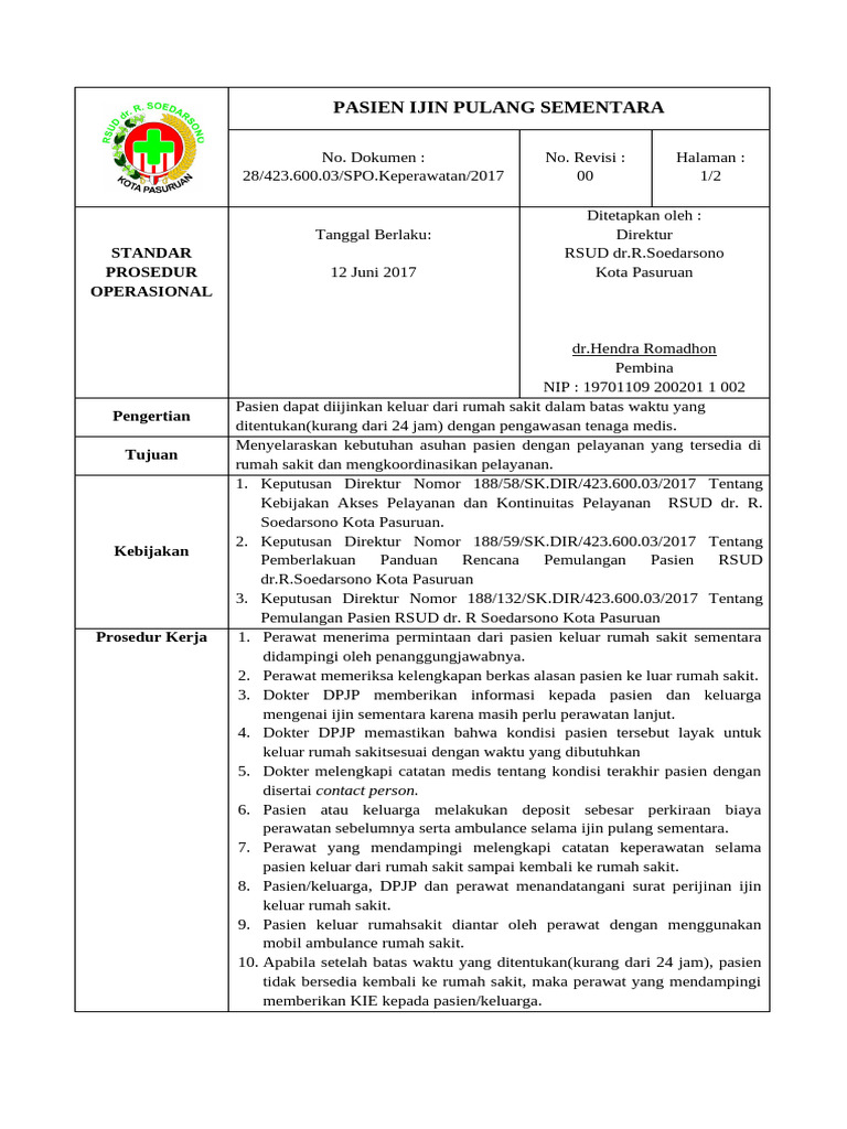 APK 3 SPO Pasien Ijin Pulang Sementara BLM EDIT | PDF