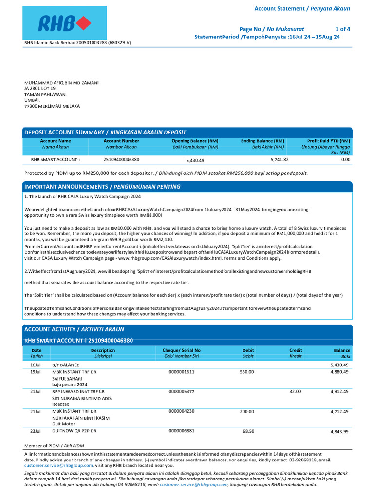 RHB Statement JULY | PDF