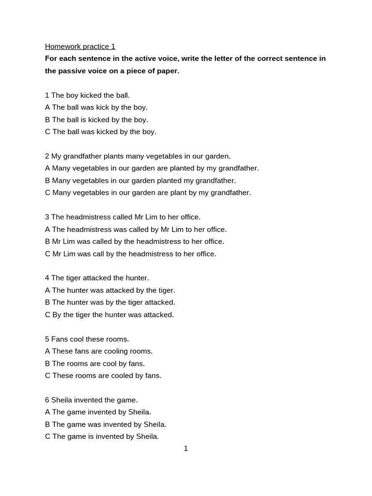 Active and Passive Voice - Homework Practice 2 | PDF