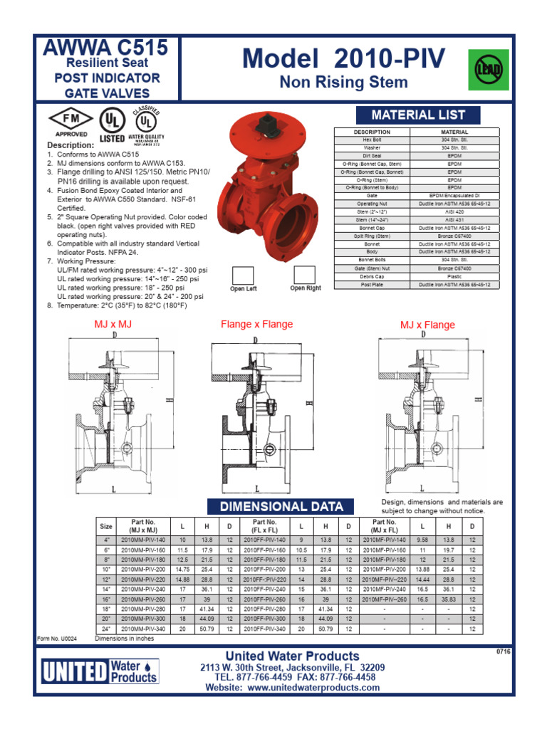 UL FM NRS Post Indicator Valves, AWWA C515 - Water Works - Fire ...