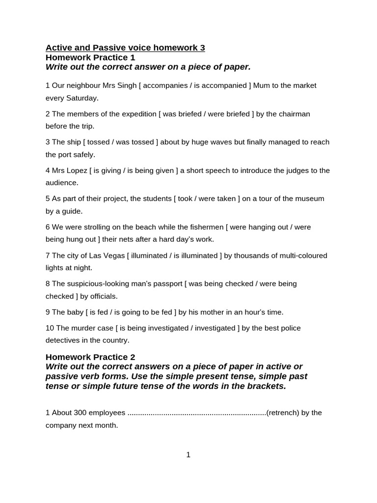 Active and Passive Voice - Homework Practice 3 | PDF
